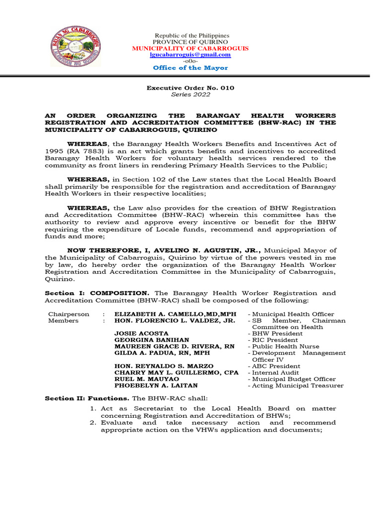 Eo 010 An Order Organizing The Barangay Health Workers Registration and Accreditation Committee ...
