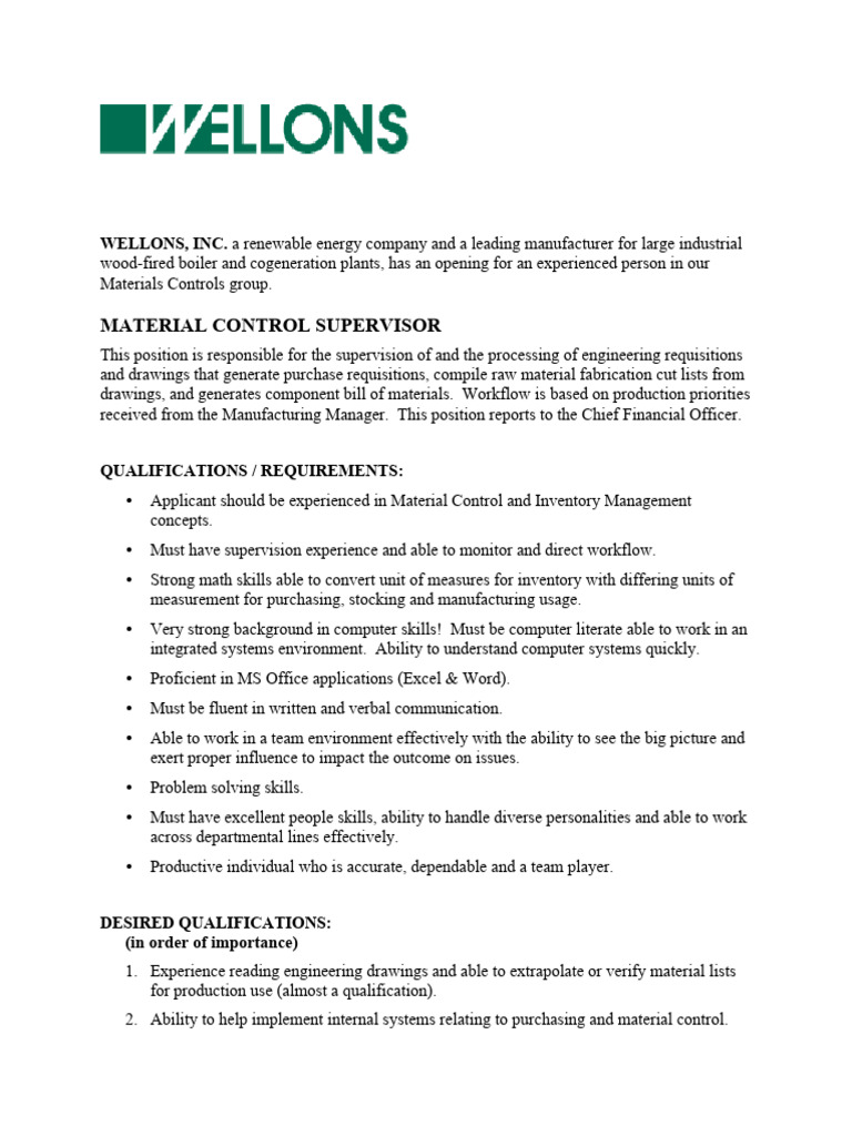 Materials Control Supervisor Job Description | PDF | Inventory | System