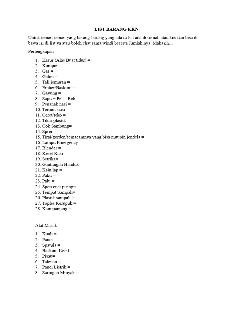 List Barang KKN | PDF | Memasak, Makanan, & Anggur
