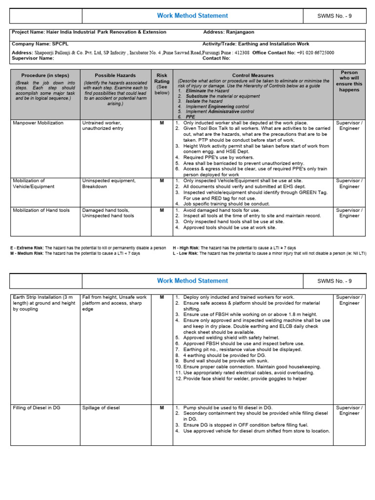 Earthing and Installation Work SWMS | PDF | Personal Protective ...