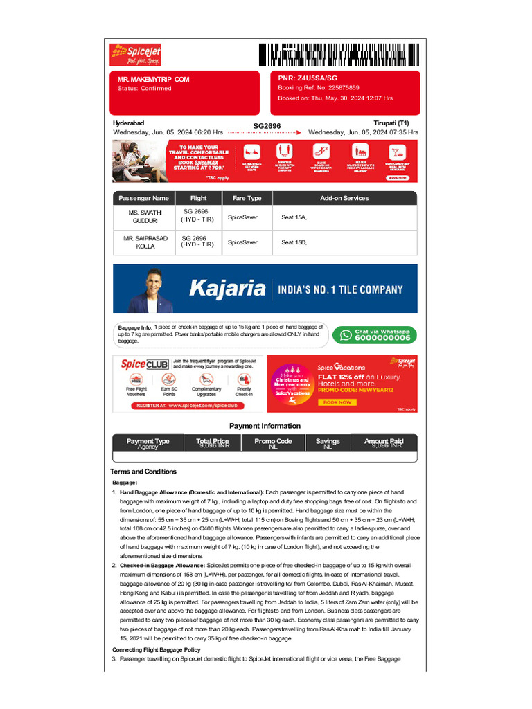 SpiceJet - E-Ticket - Hyderabad-Tirupati For MS. GUDDURI | PDF | Credit ...