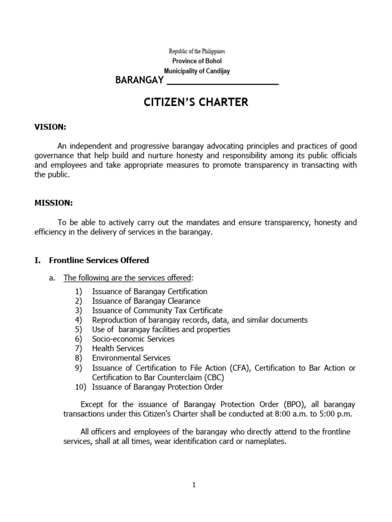 Draft Citizen Charter For Barangay | PDF | Political Corruption | Mediation