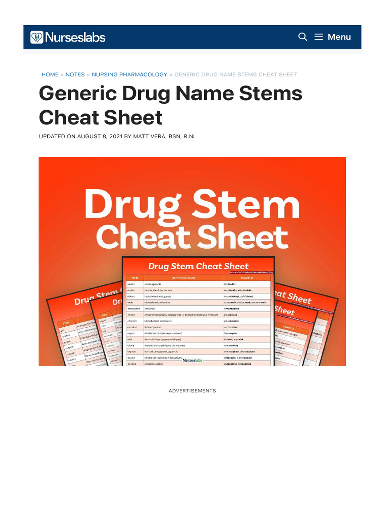 Pharmacology Cheat Sheet- Generic Drug Stems - Nurseslabs | PDF ...