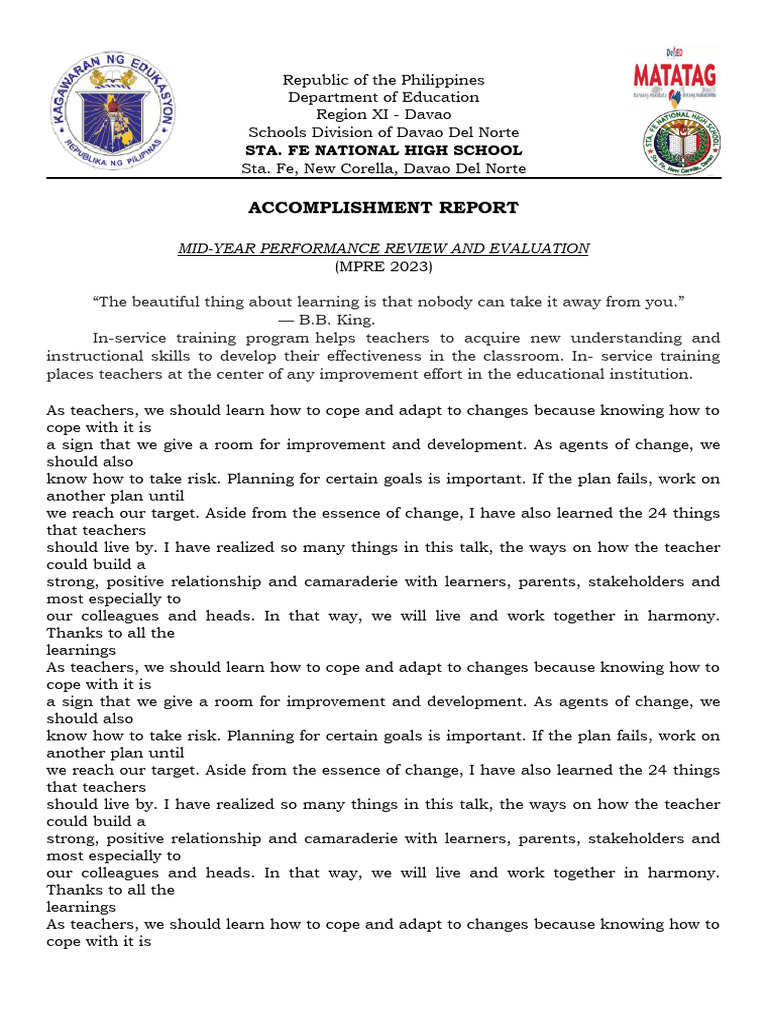 MPRE-InSET Accomplishment Report | Download Free PDF | Teachers | Learning