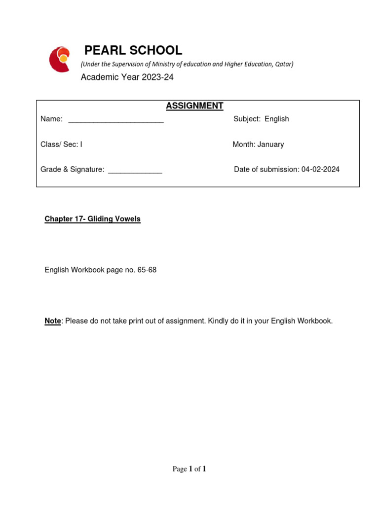 Class 1 English January Assignment - 1-2 | PDF