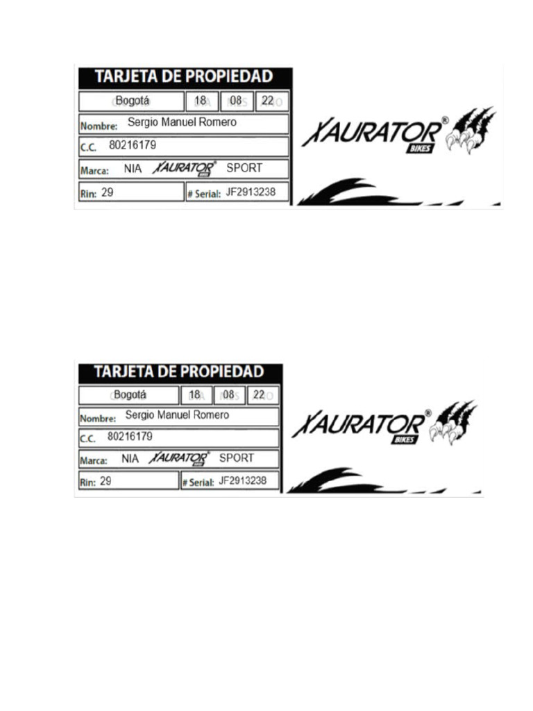 Tarjeta de Propiedad Bicicleta | PDF