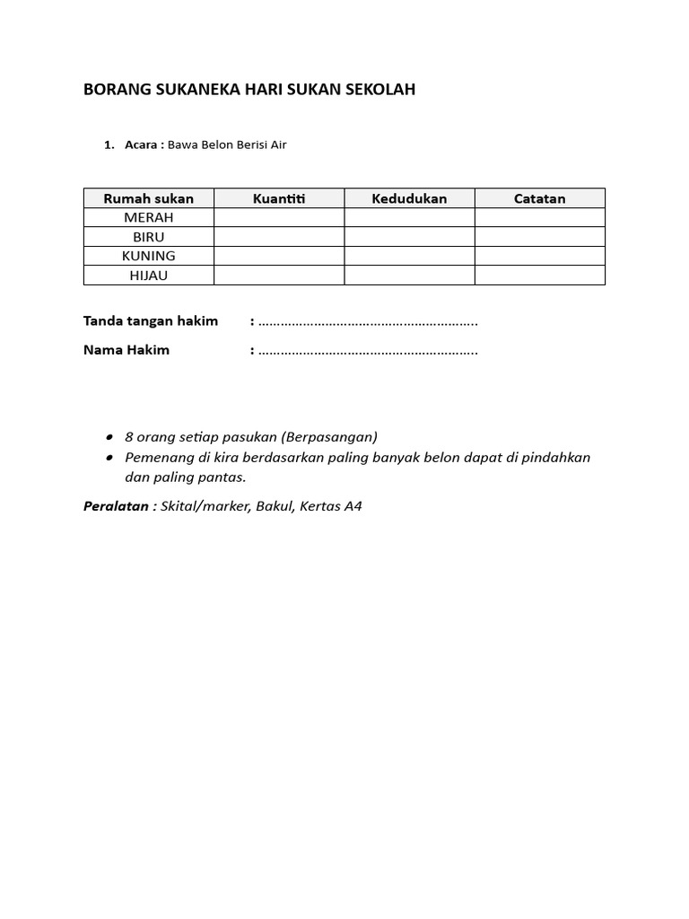 Borang Sukaneka Hari Sukan Sekolah | PDF | Memasak, Makanan, & Anggur