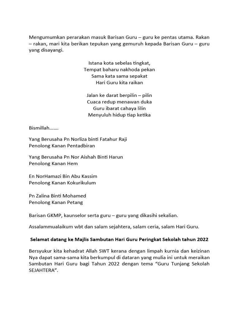 Skrip Pengacara Majlis Hari Guru | PDF