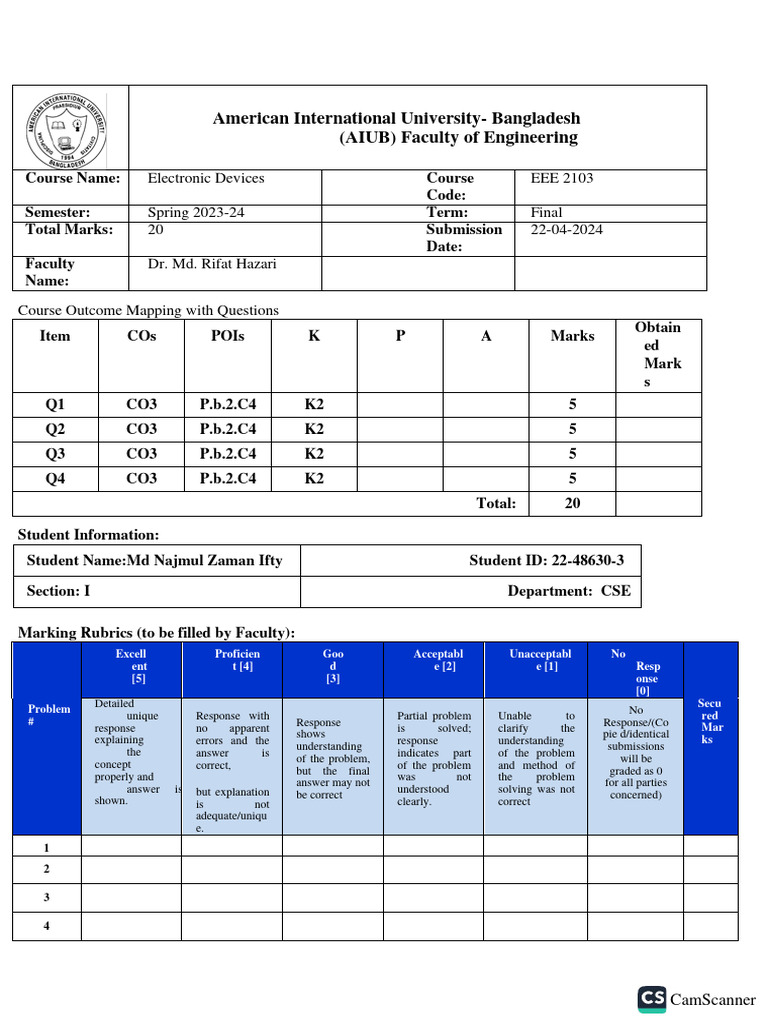 AIUB EEE 2103 Final Exam Spring 2024 | PDF