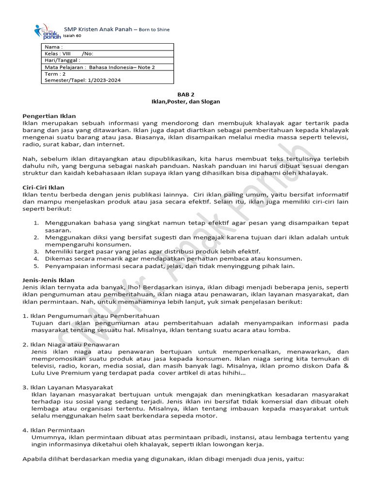 Iklan, Poster, Dan Slogan Bahasa Indonesia. Note Bab 2 | PDF | Karier & Perkembangan