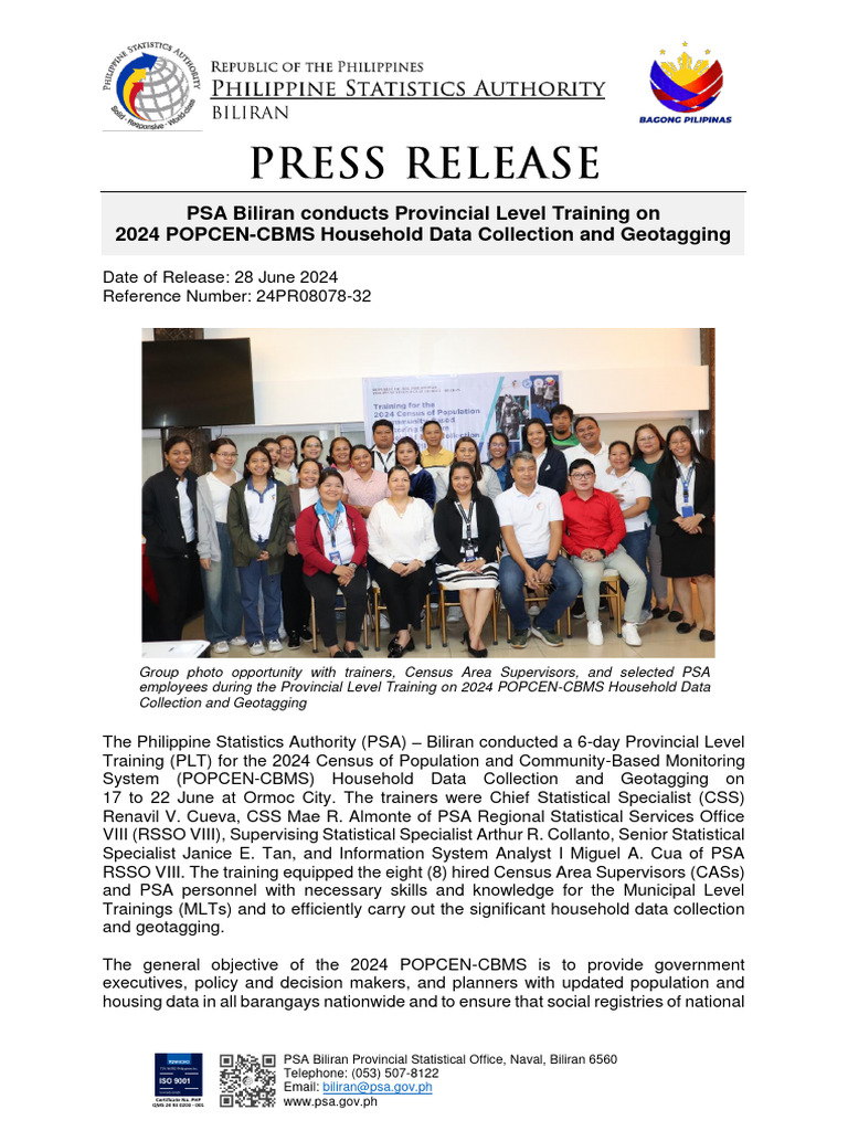 PSA Biliran Conducts Provincial Level Training On 2024 POPCEN-CBMS ...