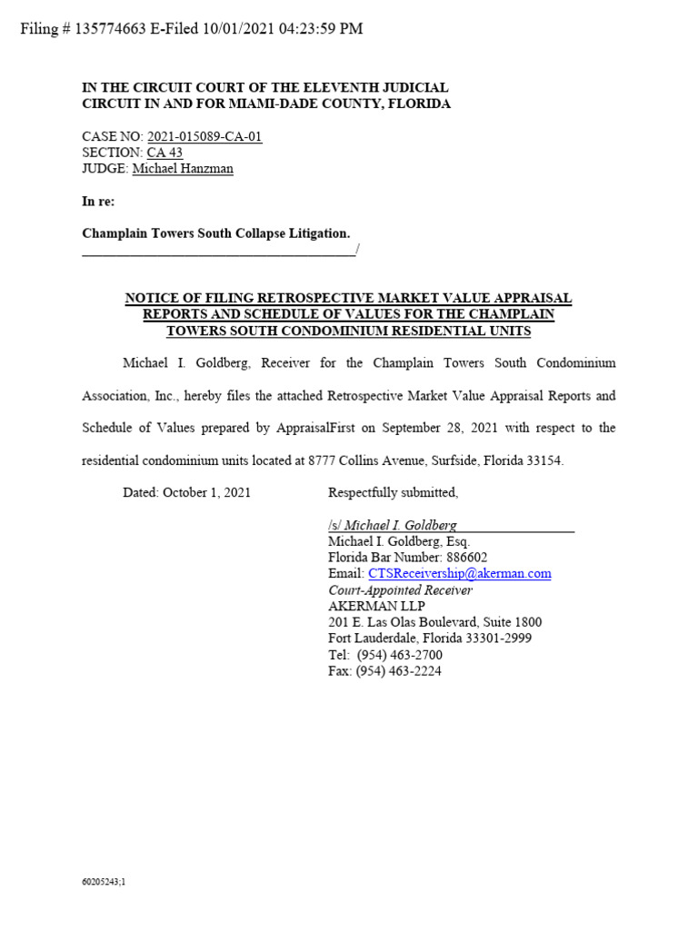 Notice of Filing Retrospective Market Value Appraisal Reports Schedule ...