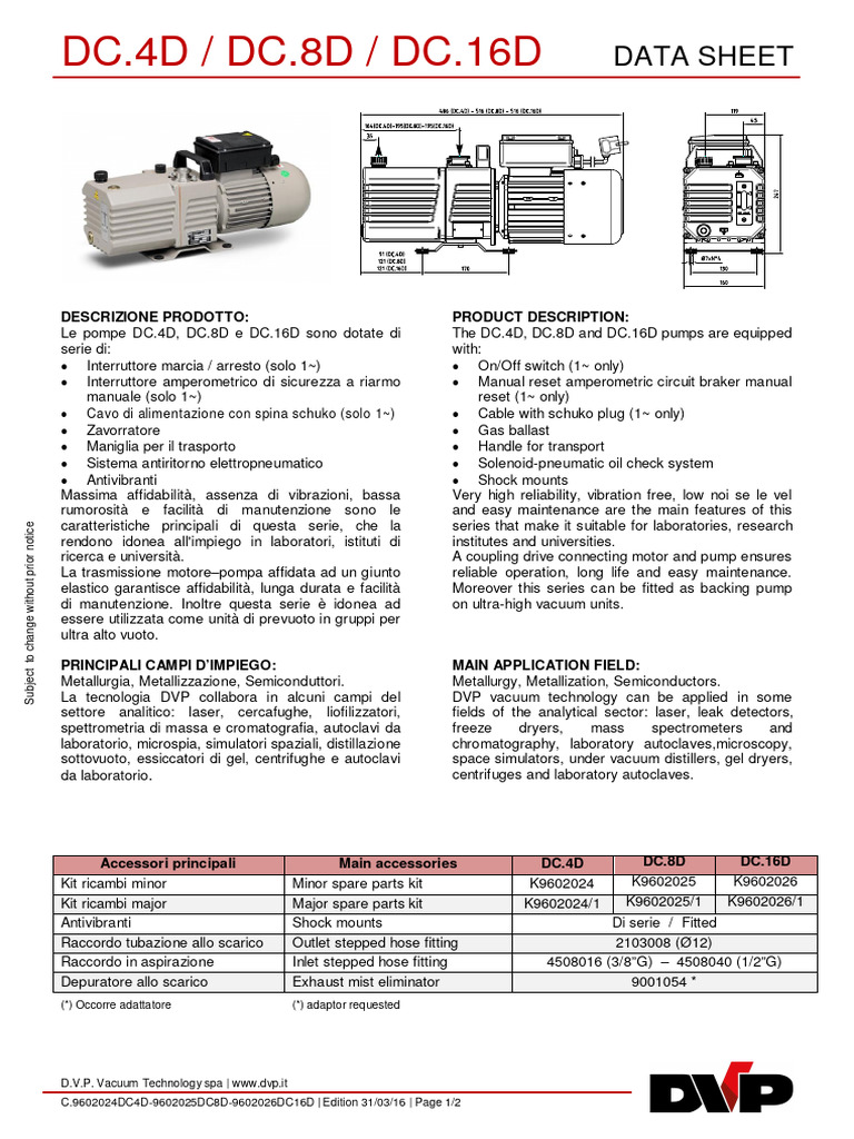 D.V.P. Dc.4d-Dc.8d-Dc.16d Foreline Pumps Brochure | PDF