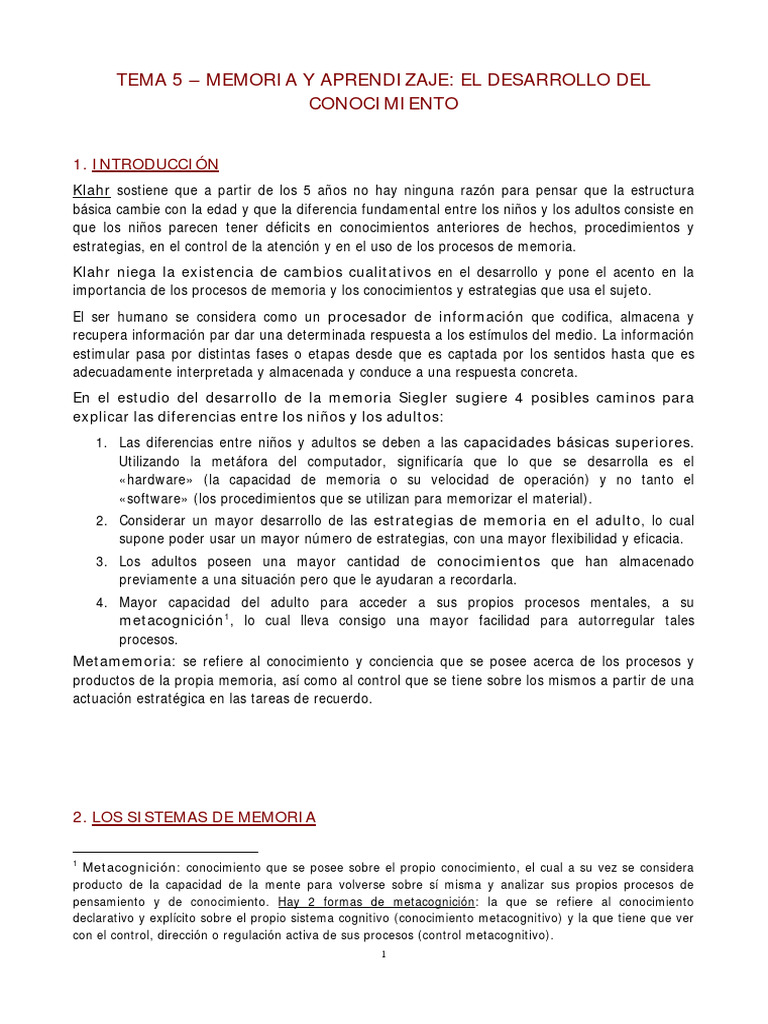 TEMA 5 - Memoria y Aprendizaje. El Desarrollo Del Conocimiento | PDF | Memoria | Aprendizaje