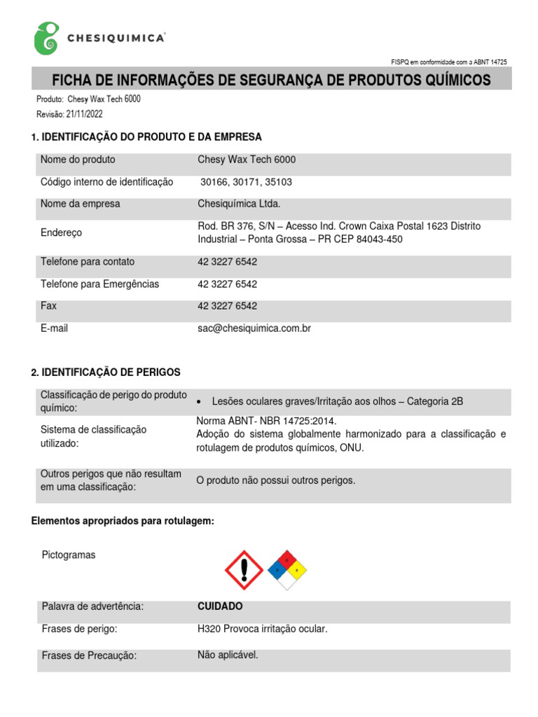 FISPQ Chesy Wax Tech 6000 UE | PDF | Embalagem e rotulagem