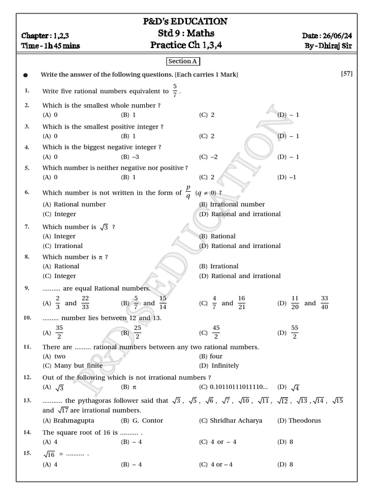 Grade 9 Math Practice Quiz | PDF | Numbers | Rational Number