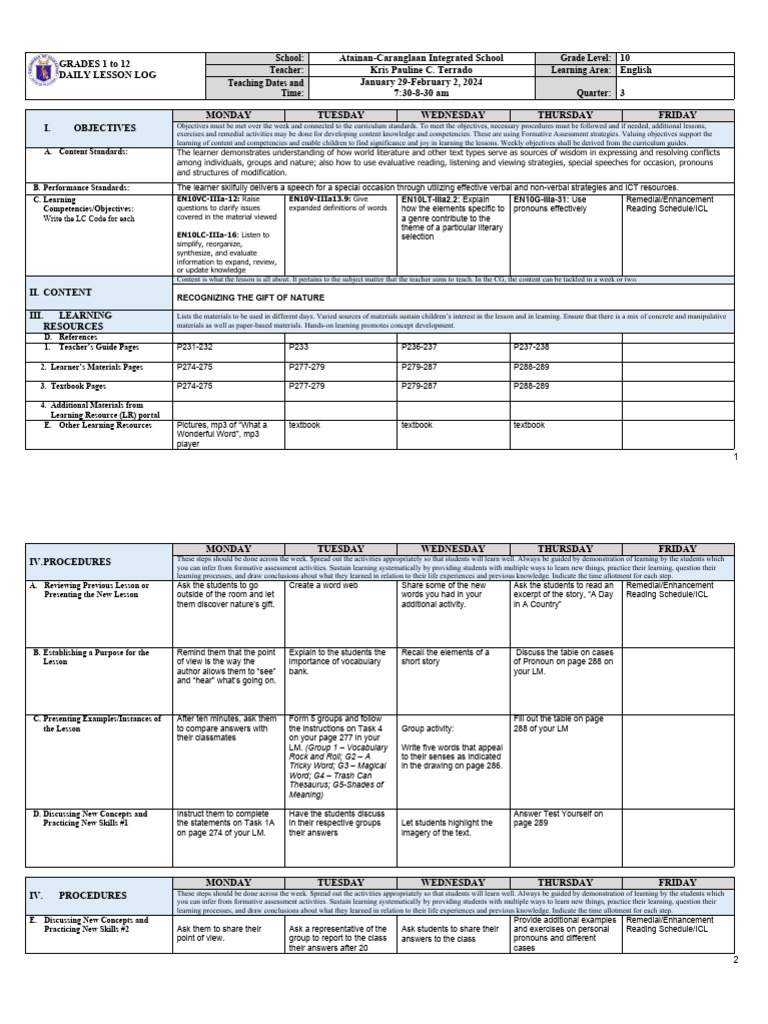 Grade 10 English Lesson Plan | PDF | Learning | Curriculum
