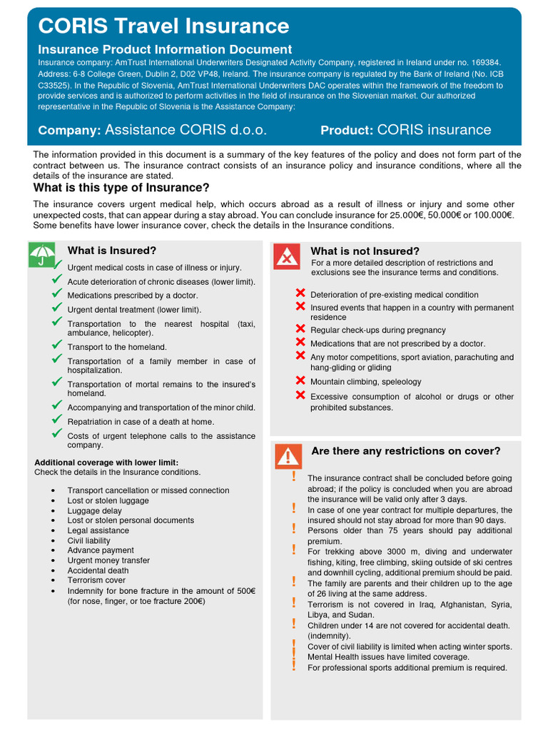 IPID CORIS Travel Insurance 202106 | PDF | Insurance | Health Care