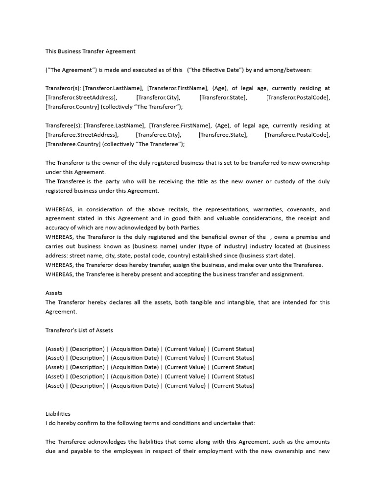 Business Transfer Agreement Template | PDF | Mergers And Acquisitions ...
