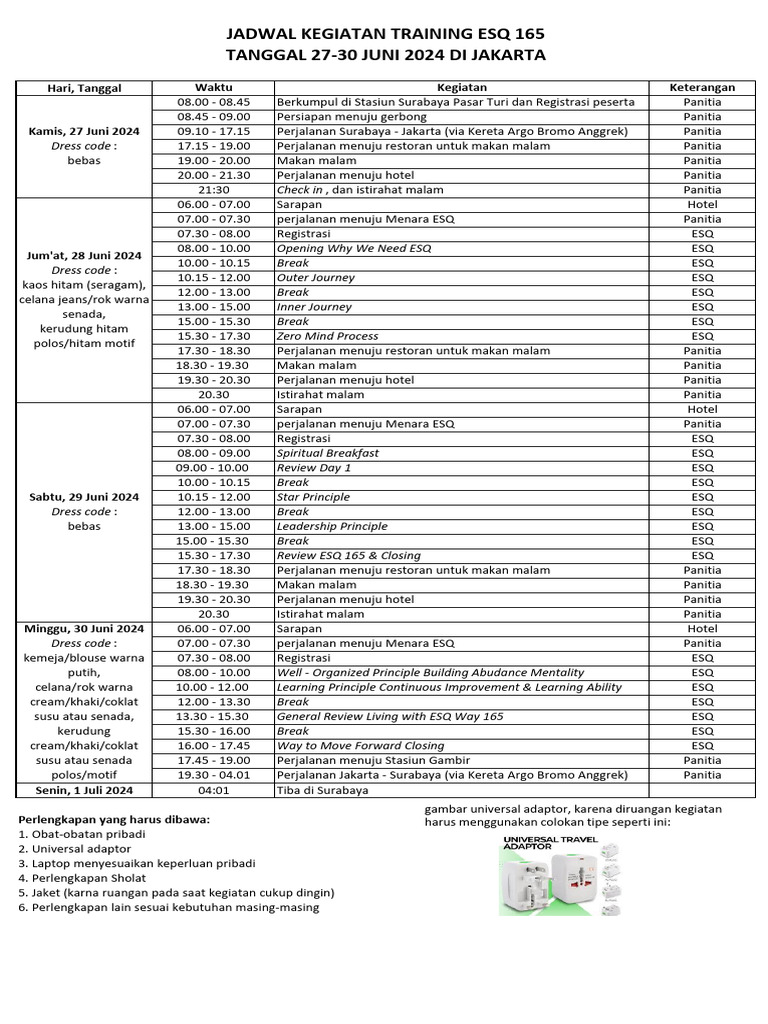 Jadwal Kegiatan Training ESQ 27-30 Juni 2024 | PDF