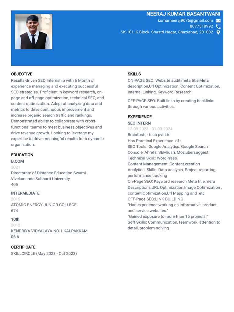 Neeraj Kumar Basantwani: Objective Skills | PDF | Search Engine Optimization | Analytics
