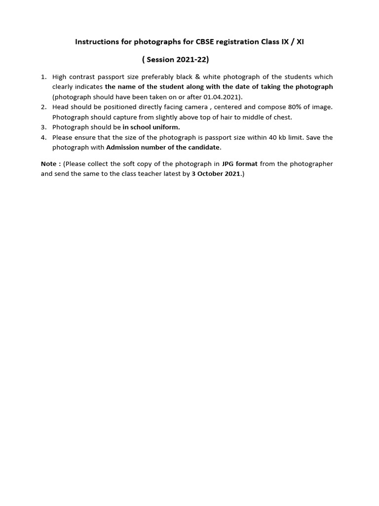 Instructions For Photographs For CBSE Registration Class IX-1 | PDF