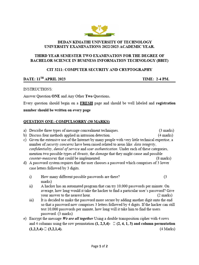 CIT 3211 COMPUTER SECURITY AND CRYPTOGRAPHY DRAFT Print | PDF | Public ...