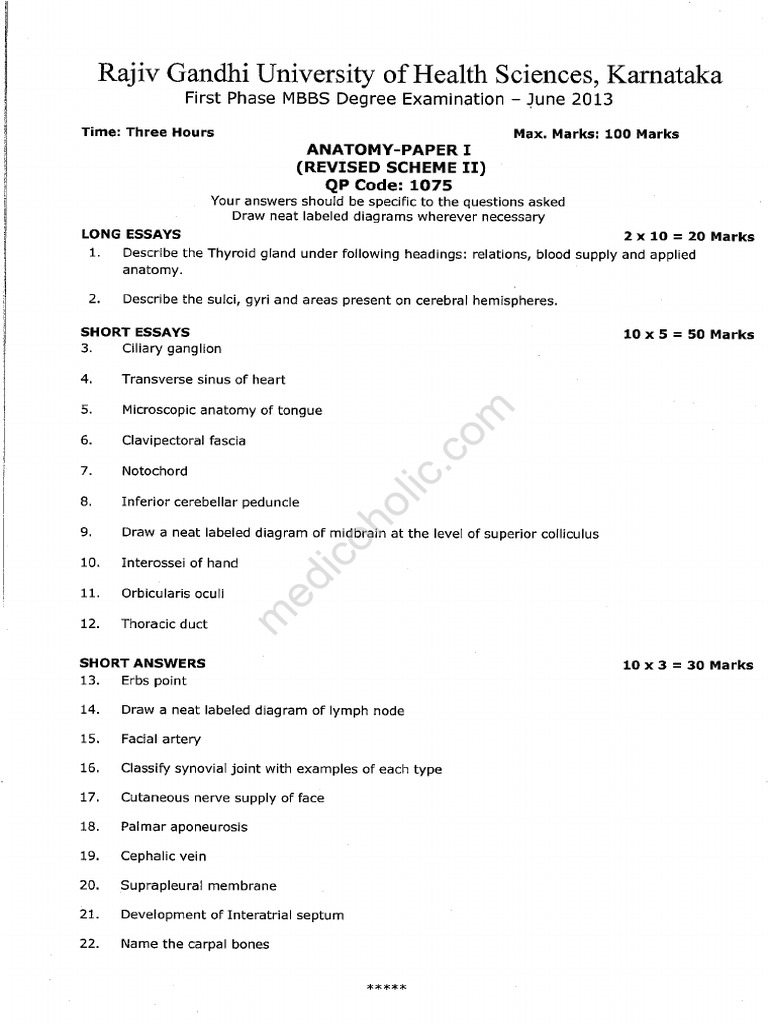 1st Year MBBS Question Papers RGUHS 2013 | PDF