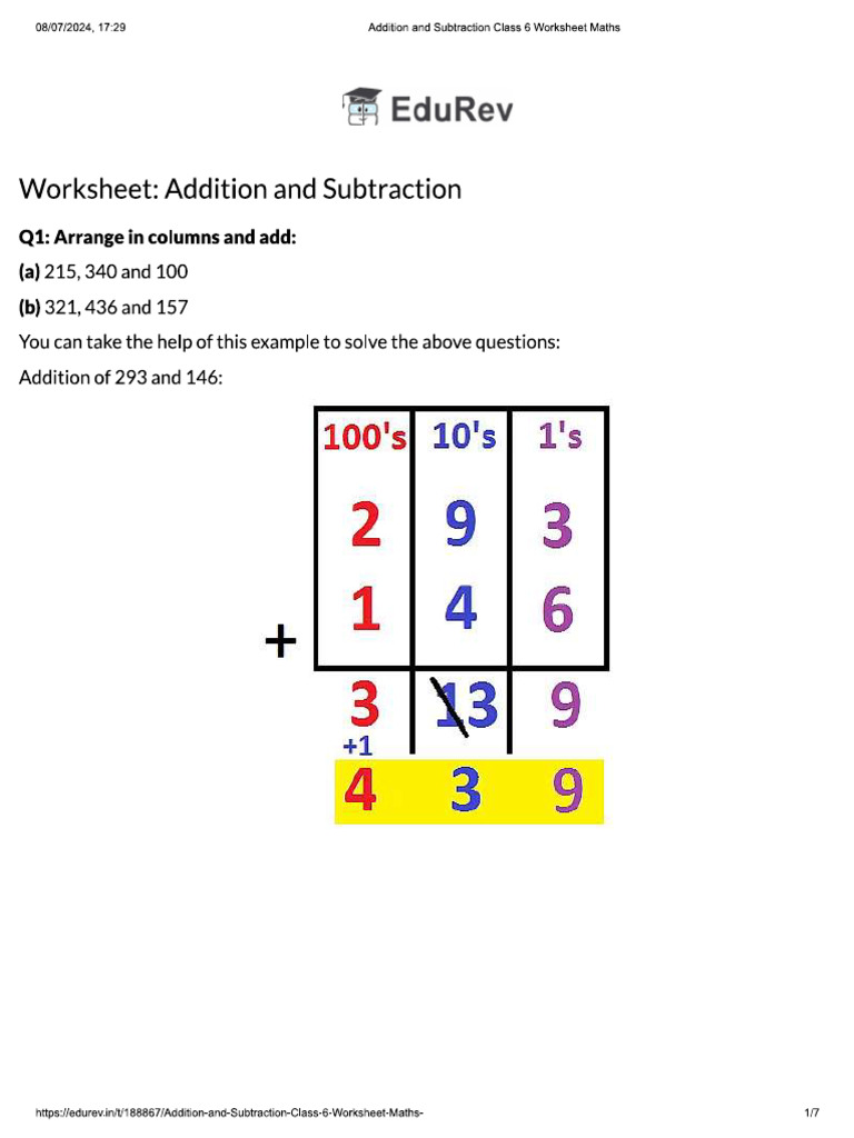 Worksheet- Addition - Subtraction 2 | PDF