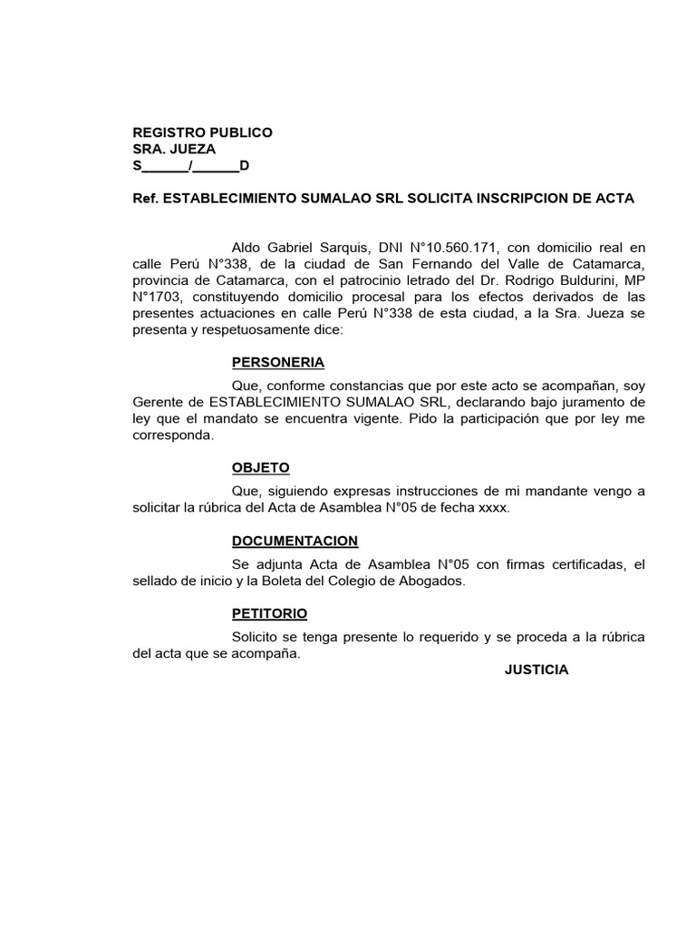 Inscripción Acta Asamblea Sumalao SRL | PDF