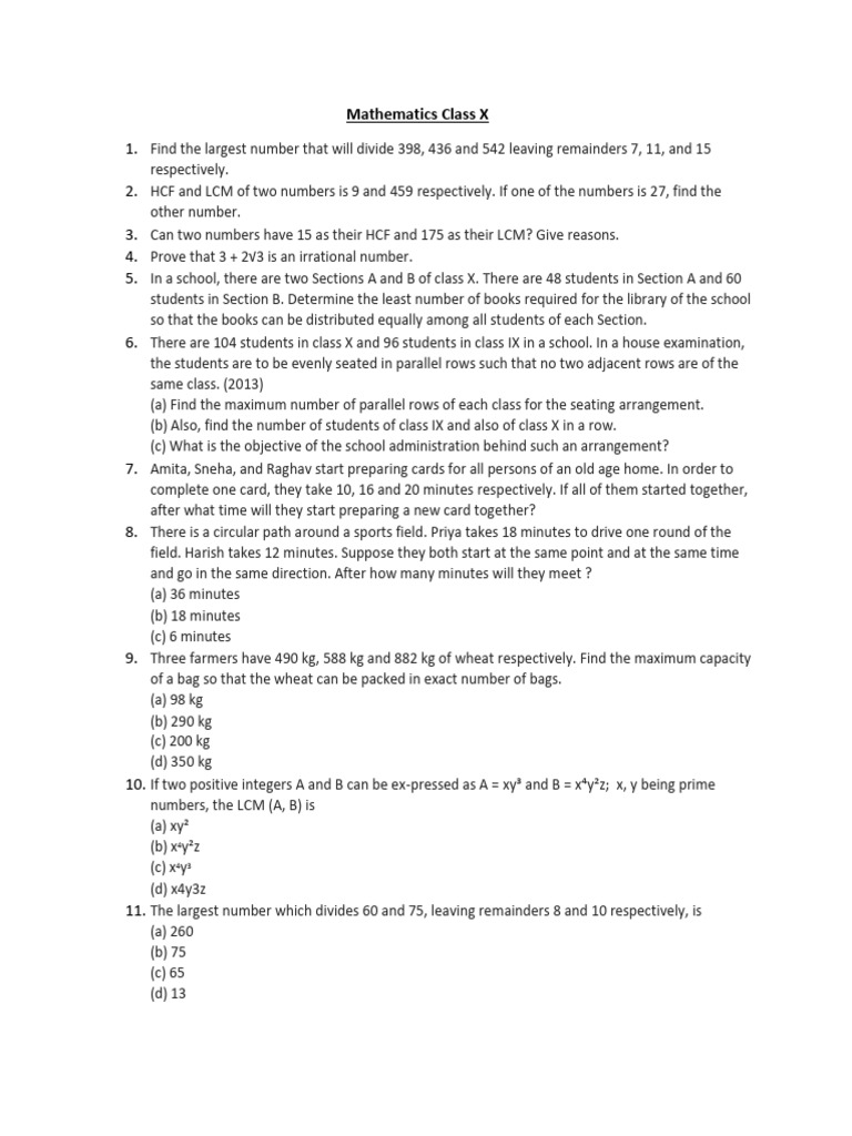 Mathematics Assignment Class X | PDF | Quadratic Equation | Polynomial
