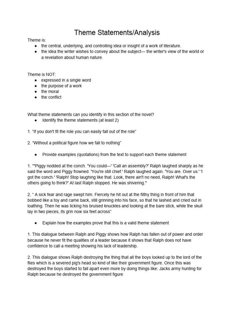 Lord of The Flies Group 2 Task Theme Statements Analysis - Harrison ...