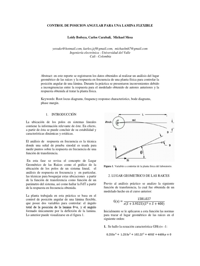 Informe CONTROL DE POSICION ANGULAR PARA UNA LAMINA FLEXIBLE | PDF ...