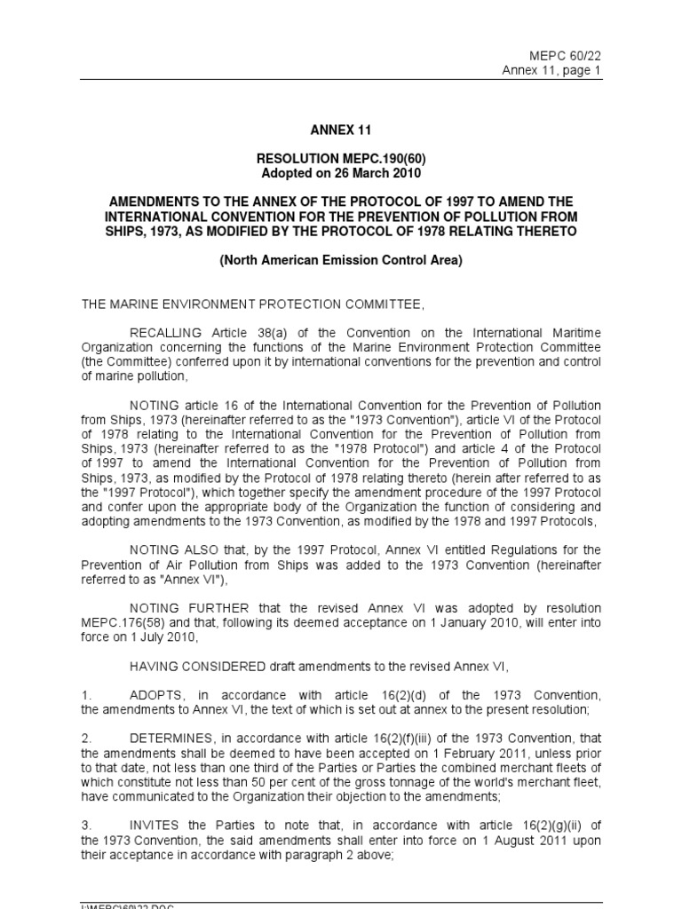 Designation of the North American Emission Control Area and Associated Amendments to MARPOL ...