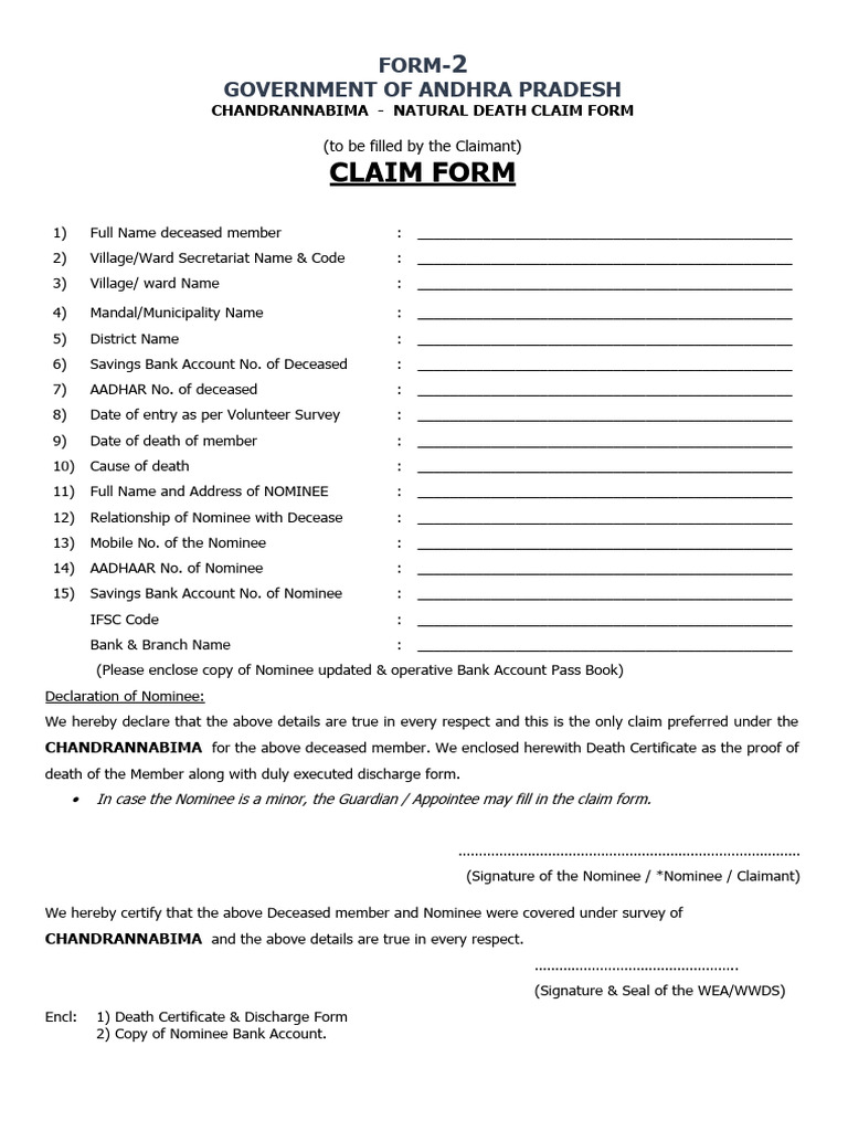 Chandranna Bima 1lakh Claim Form | PDF