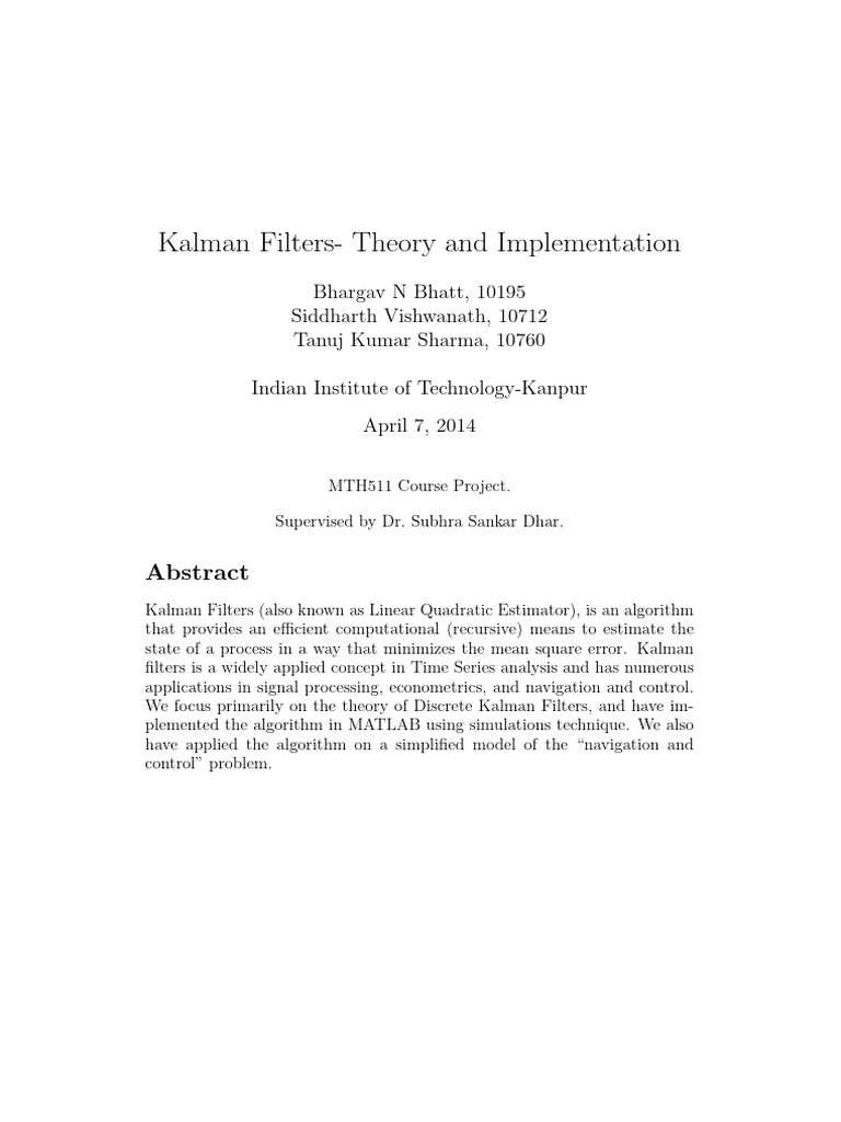 Kalman Filters Theory and Implementation | PDF | Kalman Filter | Applied Mathematics