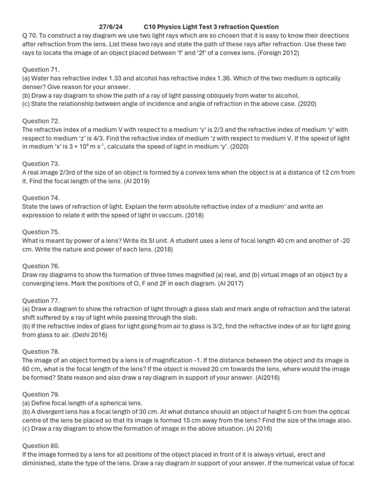 C10 Physics Light Test 3 Q | PDF | Refractive Index | Optics
