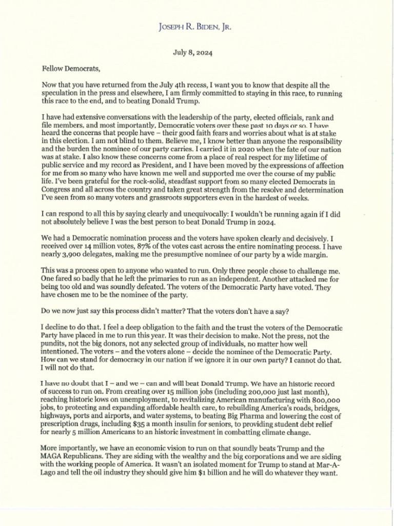 President Biden Letter To Congressional Democrats 7.8 | PDF