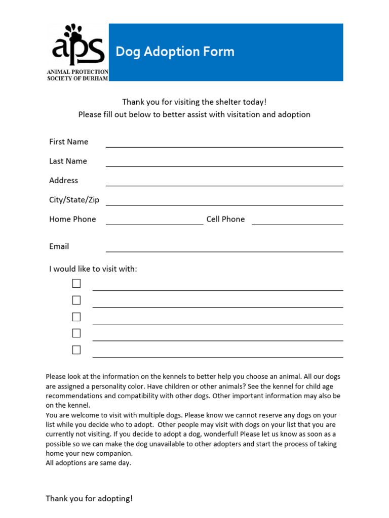 Dog Adoption Application Form | PDF | Dogs | Leash