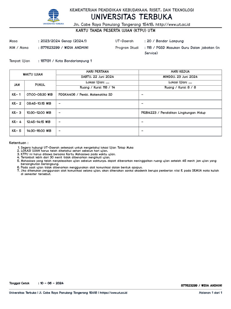 KTPU Ujian Universitas Terbuka 2024 | PDF