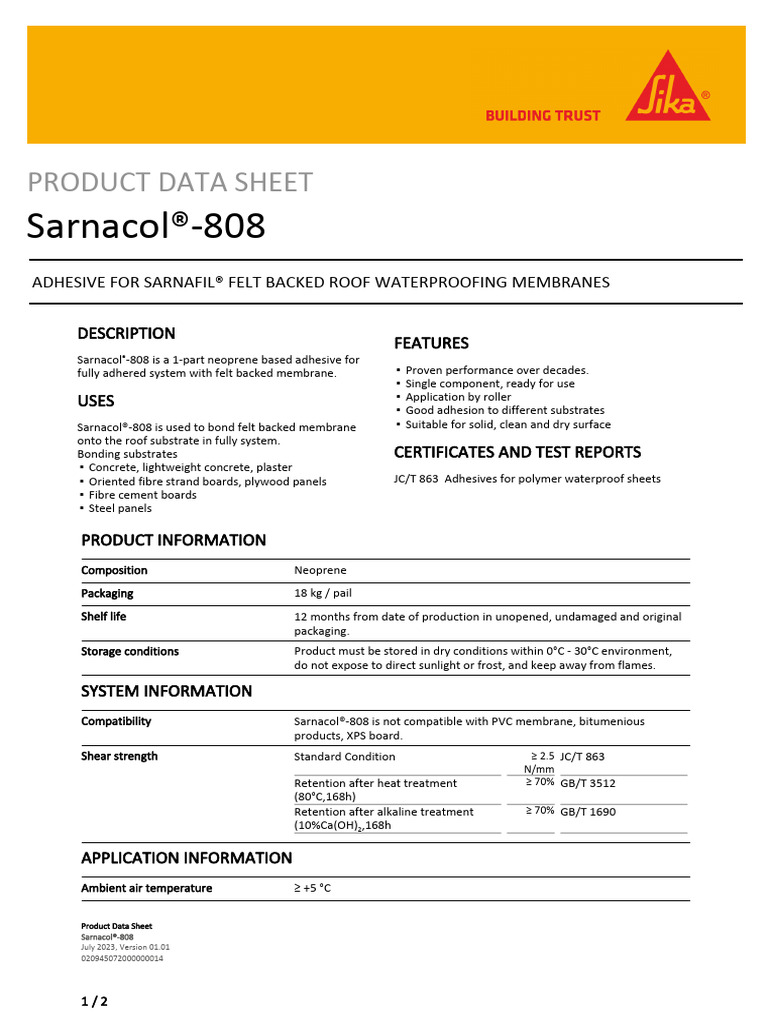 PDS - Sarnacol 808 en ID 07 2023 1 1 | PDF | Adhesive | Concrete