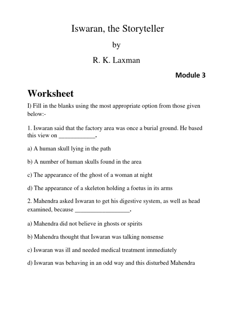 Class 9, English, Iswaran, The Storyteller, Module 3 by 3, Worksheet ... Class 9, English, Iswaran, The Storyteller, Module 3 by 3, Worksheet ...