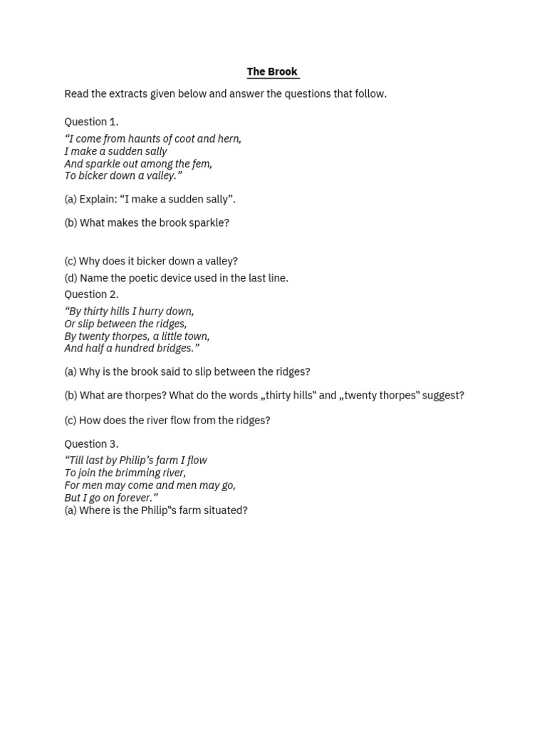 The Brook Extra Questions and Answers Reference To Context - PDF ...