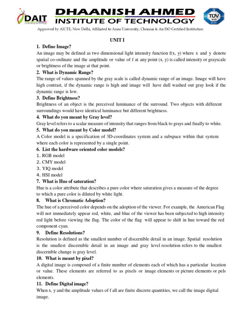 Unit I 2 Marks MEDICAL IMAGE PROCESSING | PDF | Image Resolution | Color