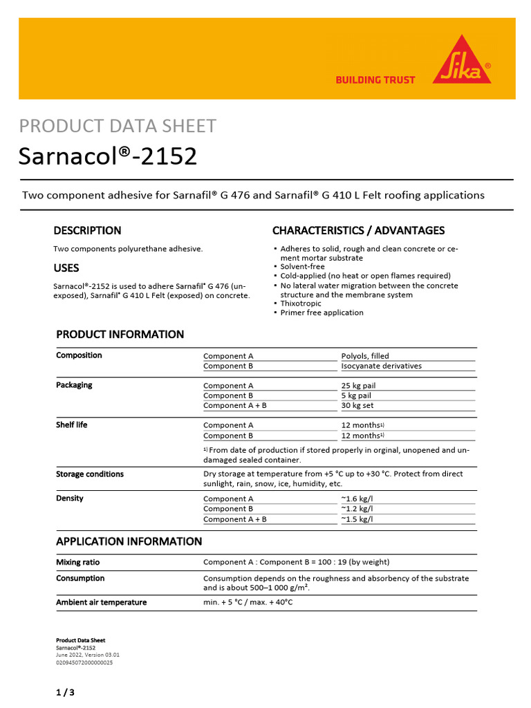 PDS - Sarnacol 2152 en ID 06 2022 3 1 | PDF | Polyurethane | Adhesive
