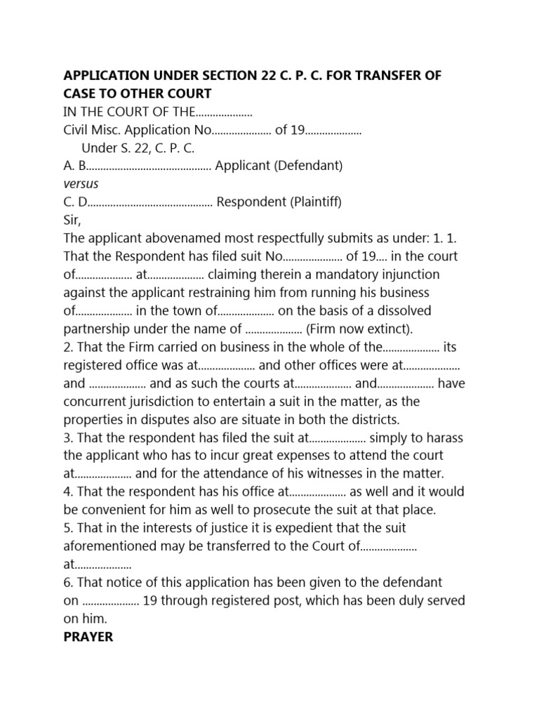 Case Trabsfer Application Under Section 22 of CPC 1908 | PDF