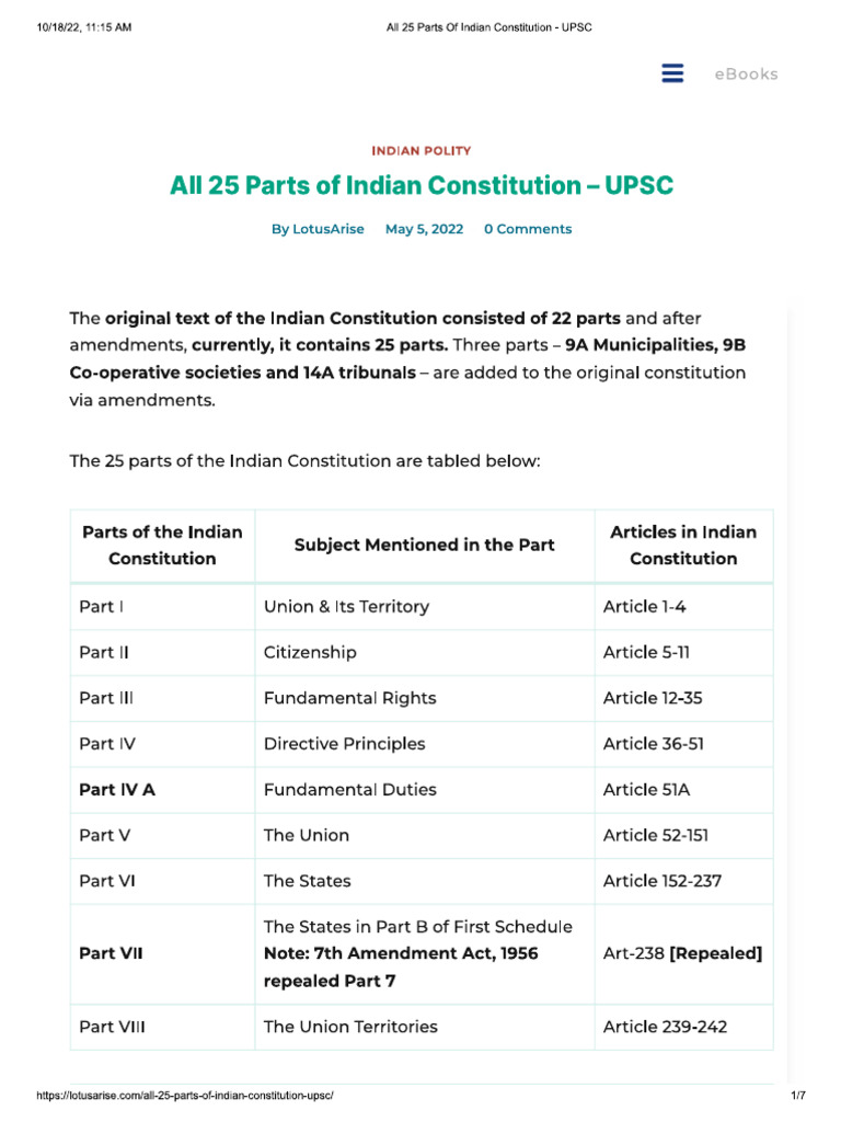 All 25 Parts of Indian Constitution - UPSC | PDF