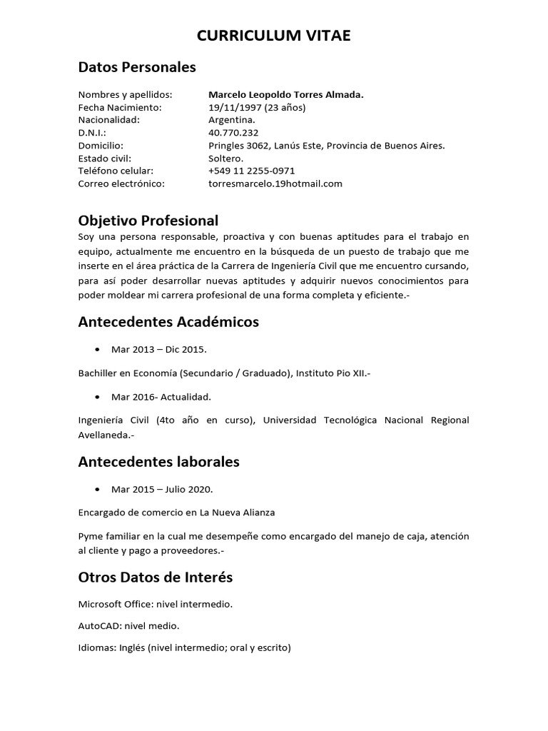 Curriculum Vitae: Datos Personales | PDF