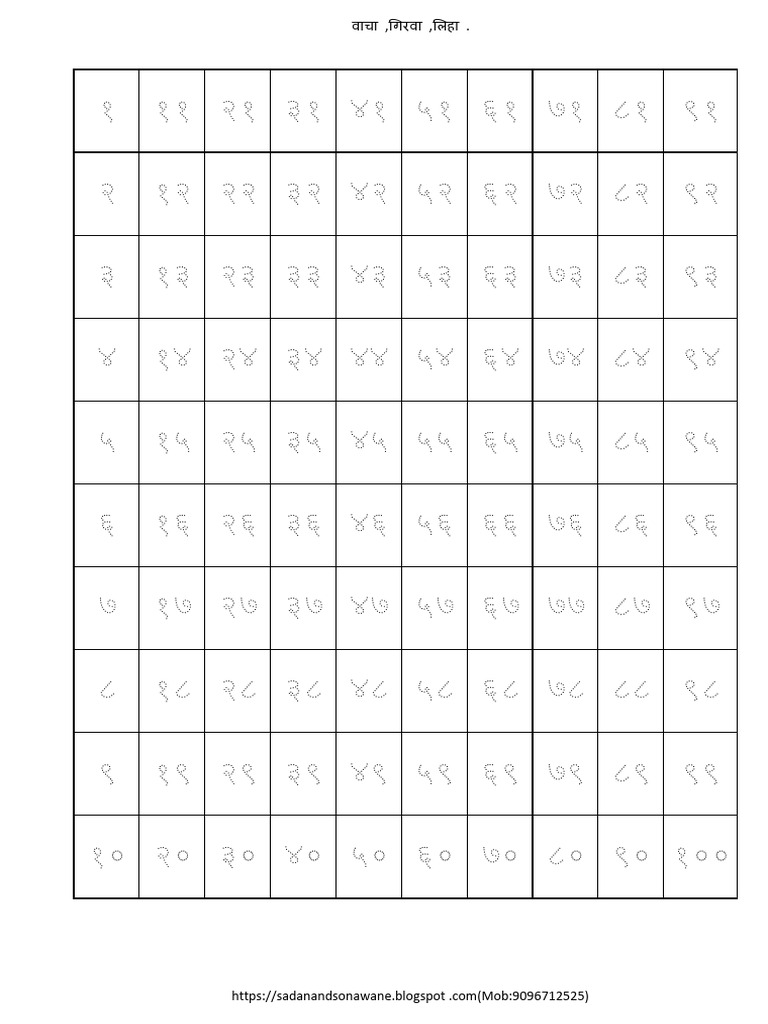 Fiches de nombres marathi 1 à 100 | PDF