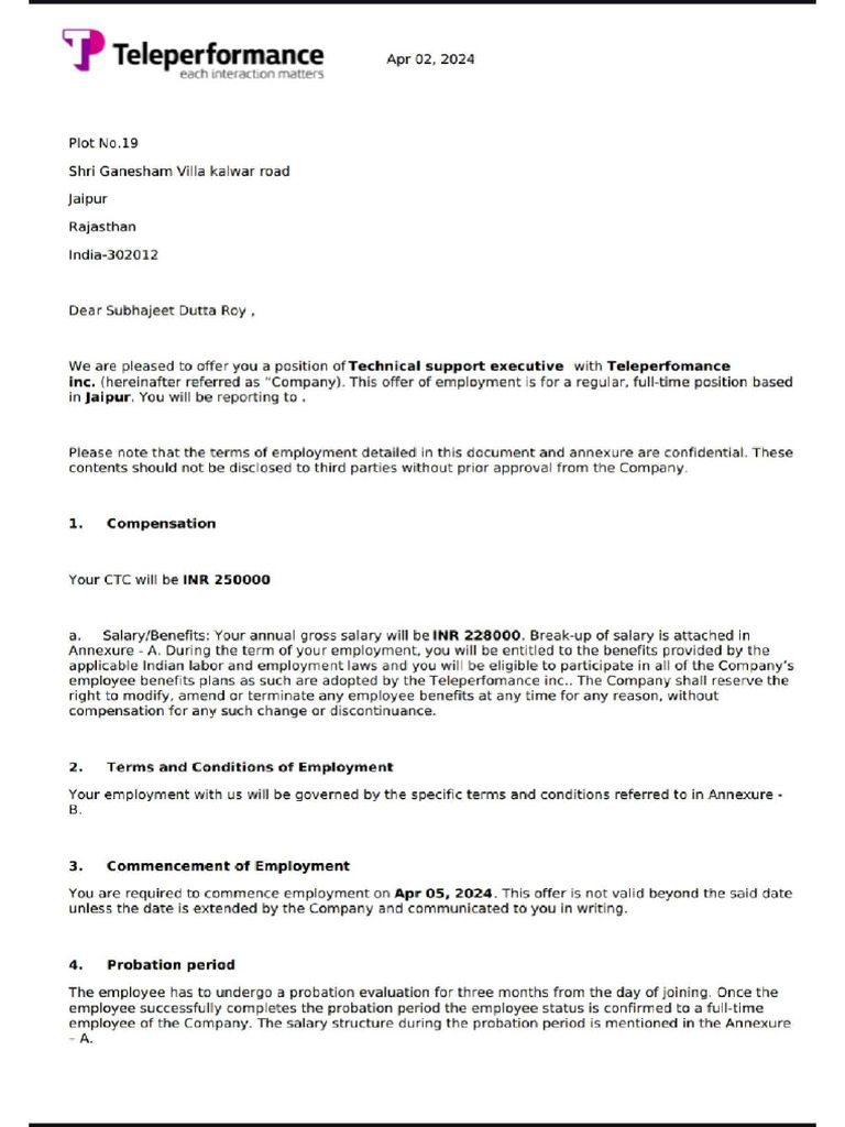 Offer letterSubhDutta | PDF | Employment | Sick Leave